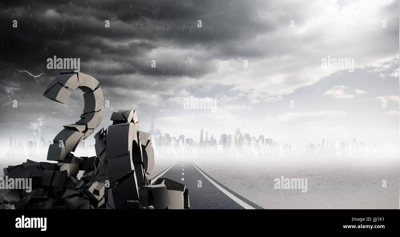3D Broken concrete stone with Question symbol in cityscape Stock Photo ...