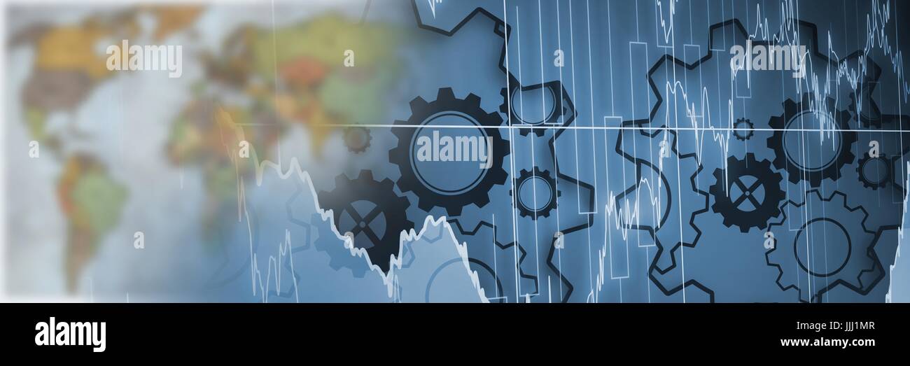 Blurry map with blue cog and finance graph transition Stock Photo - Alamy