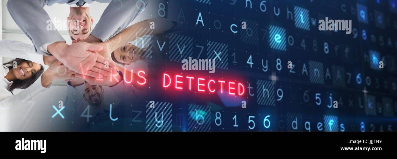 Business team putting hands together with blue smart tech transition ...