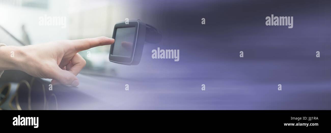 Hand touching GPS in car with transition effect 3d Stock Photo - Alamy