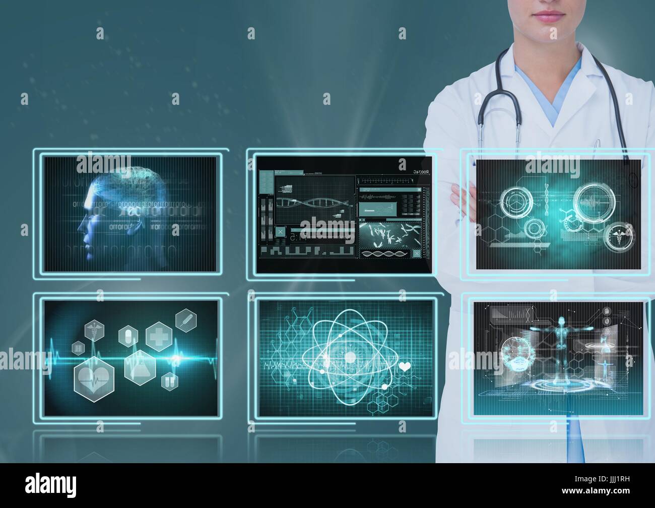 Woman doctor looking at medical interfaces 3d Stock Photo - Alamy