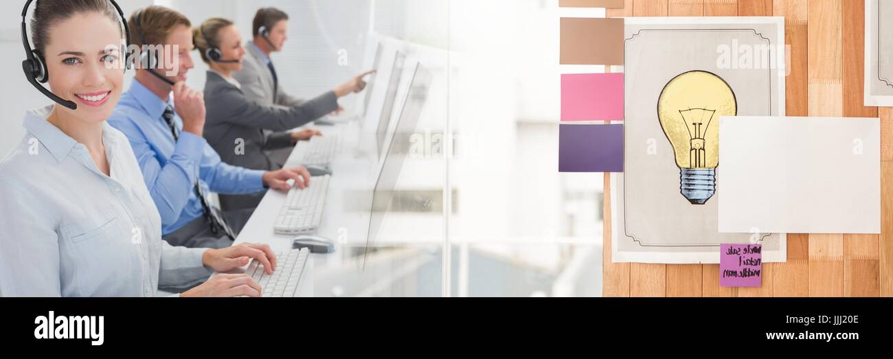 Customer service assistants with headsets with bright office background ...