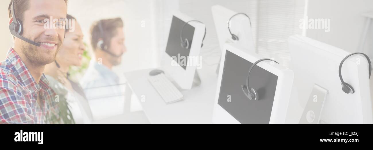 Customer service assistants with headsets with bright office background ...