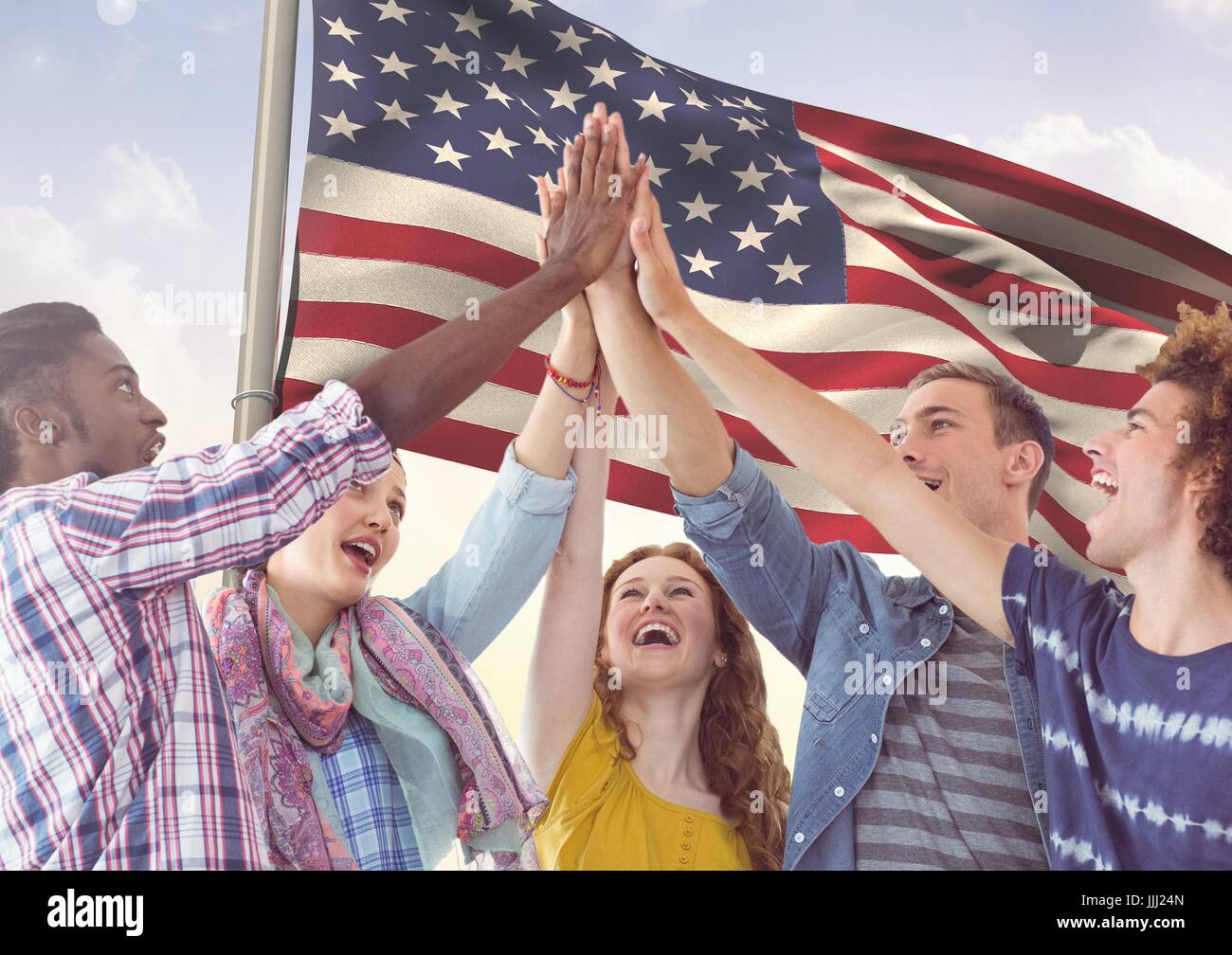 Friends high fiving together against 3D american flag Stock Photo - Alamy