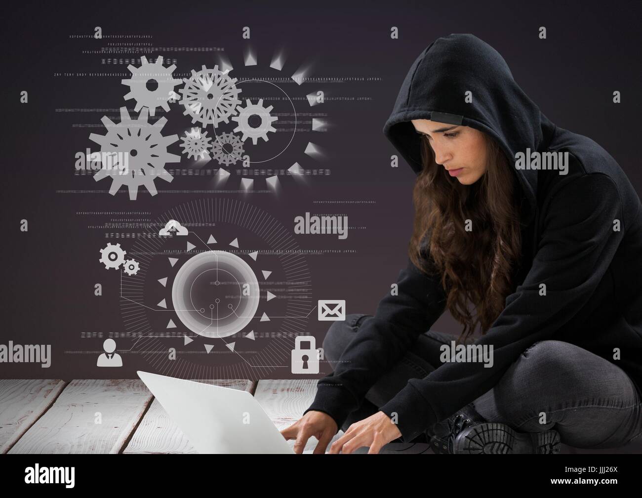 Woman hacker using a laptop in front of purple background with 3d ...
