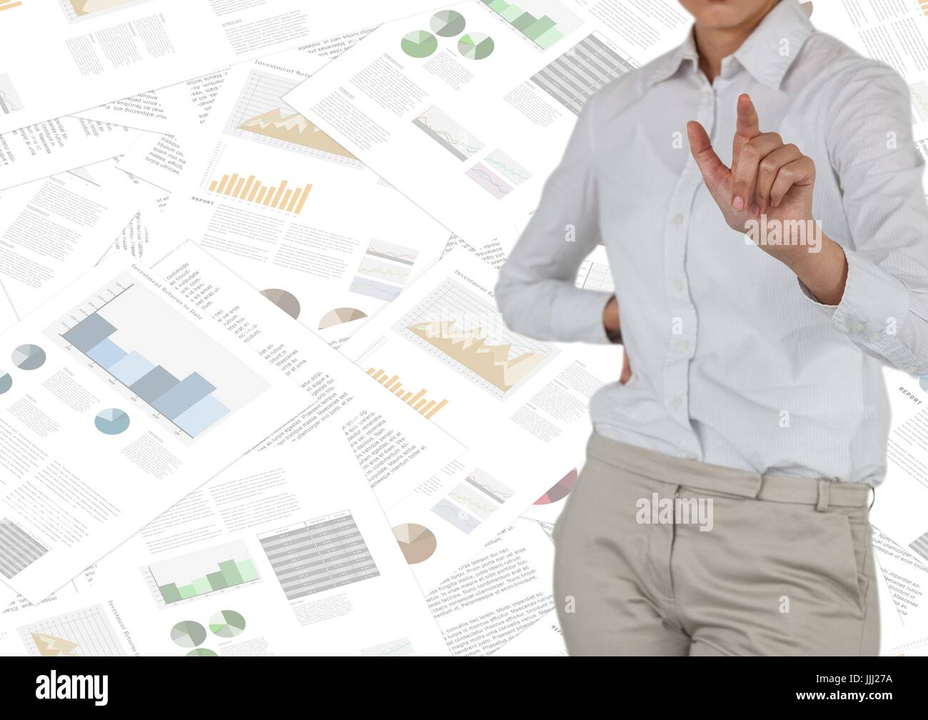 Business woman mid section pointing against document backdrop Stock ...
