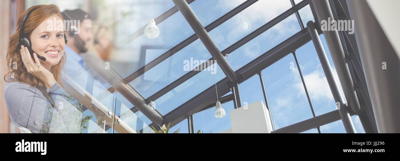 Customer service assistants with headsets with bright office background ...