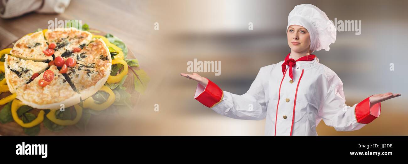 Chef with blurred background and quiche salad Stock Photo - Alamy
