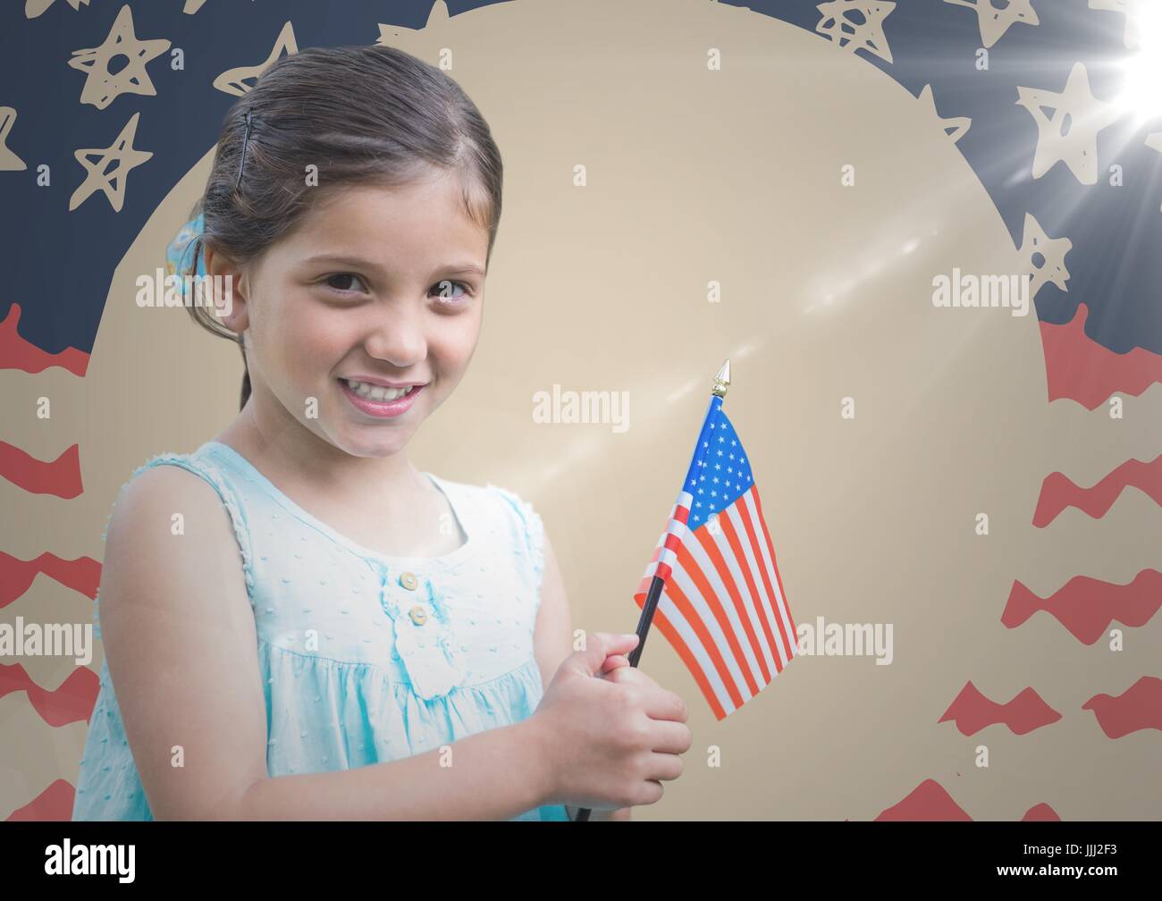 Girl holding american flag against hand drawn american flag with flare ...