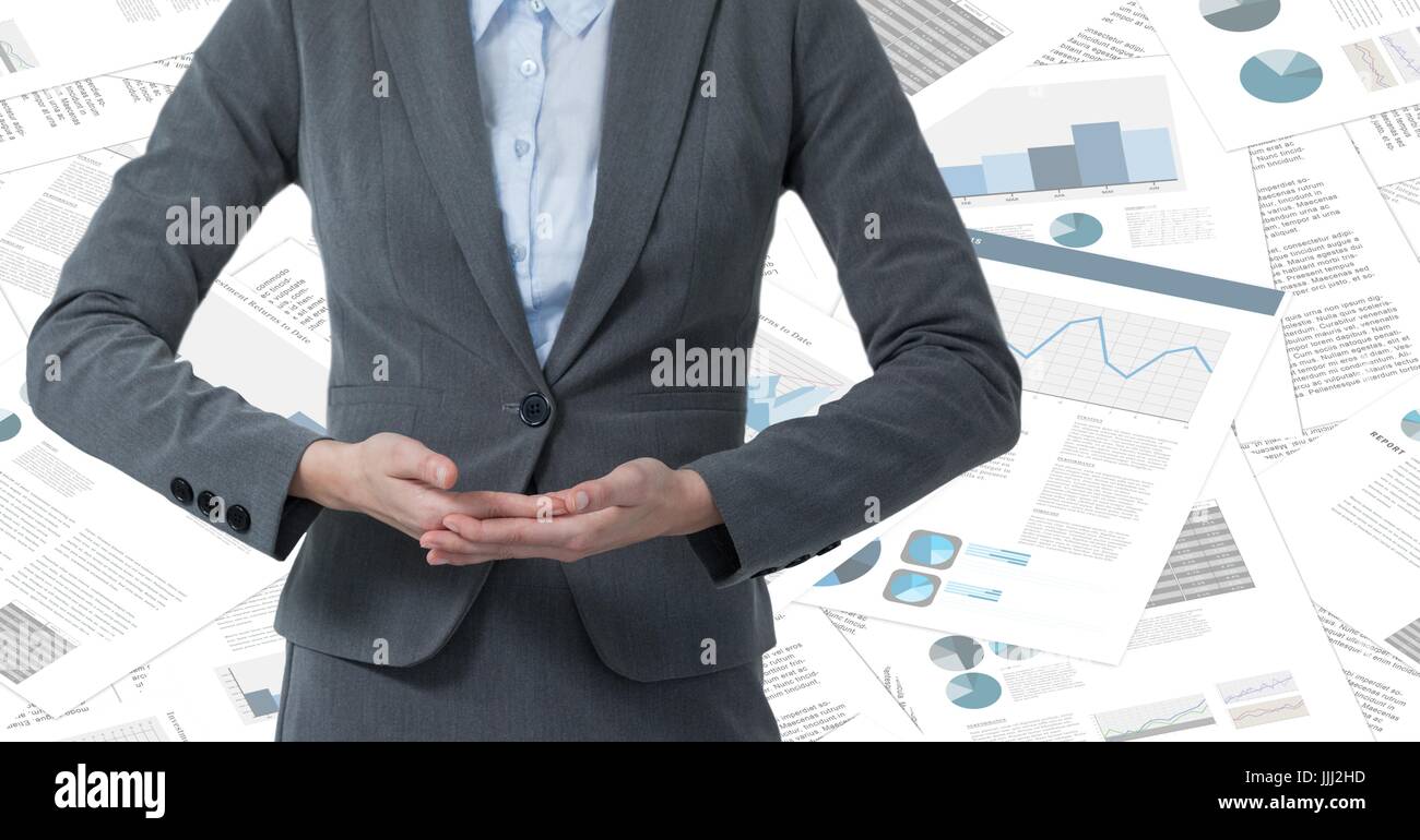 Business woman mid section with hands together against document ...