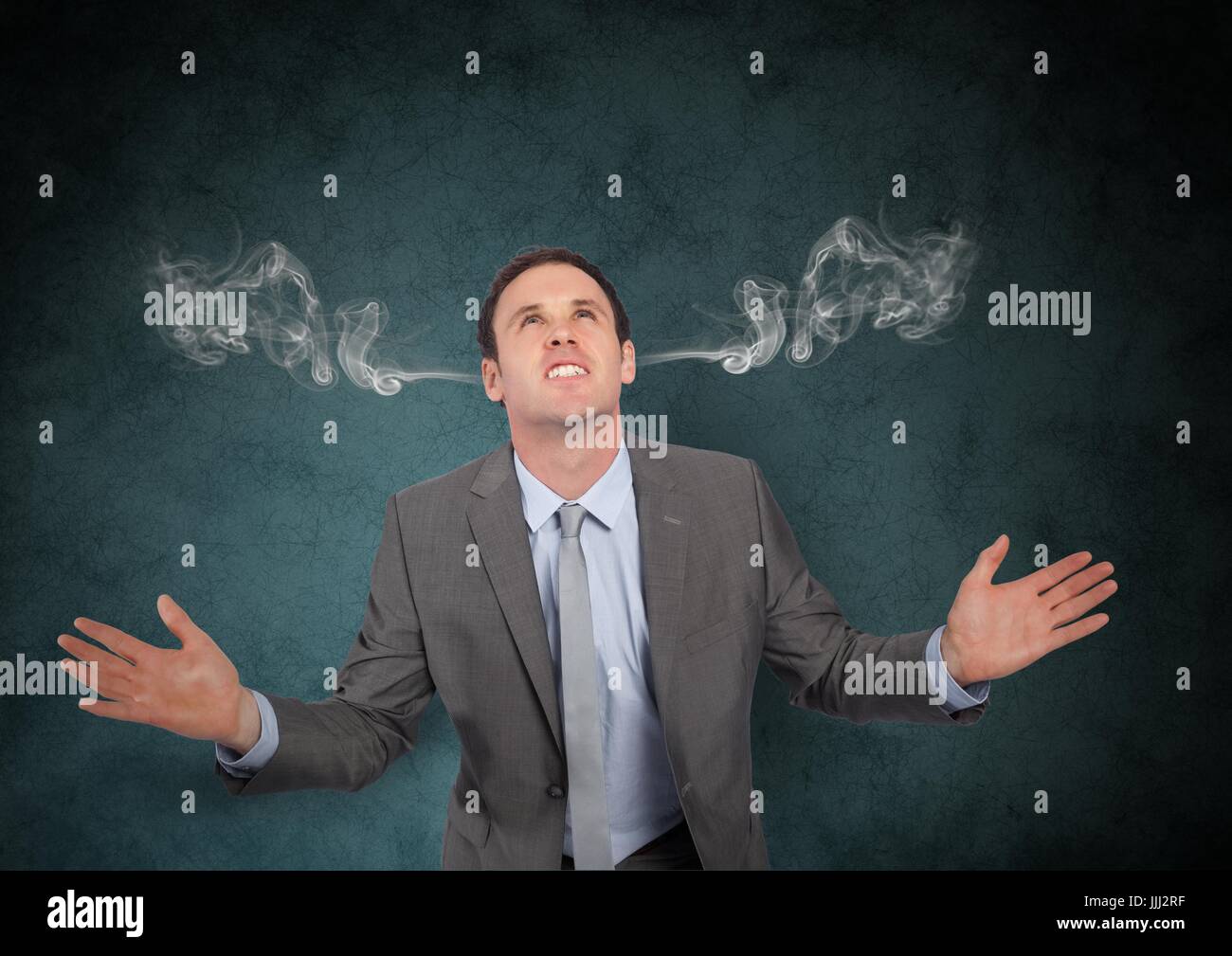anger young businessman with 3D steam on ears. Black background Stock ...