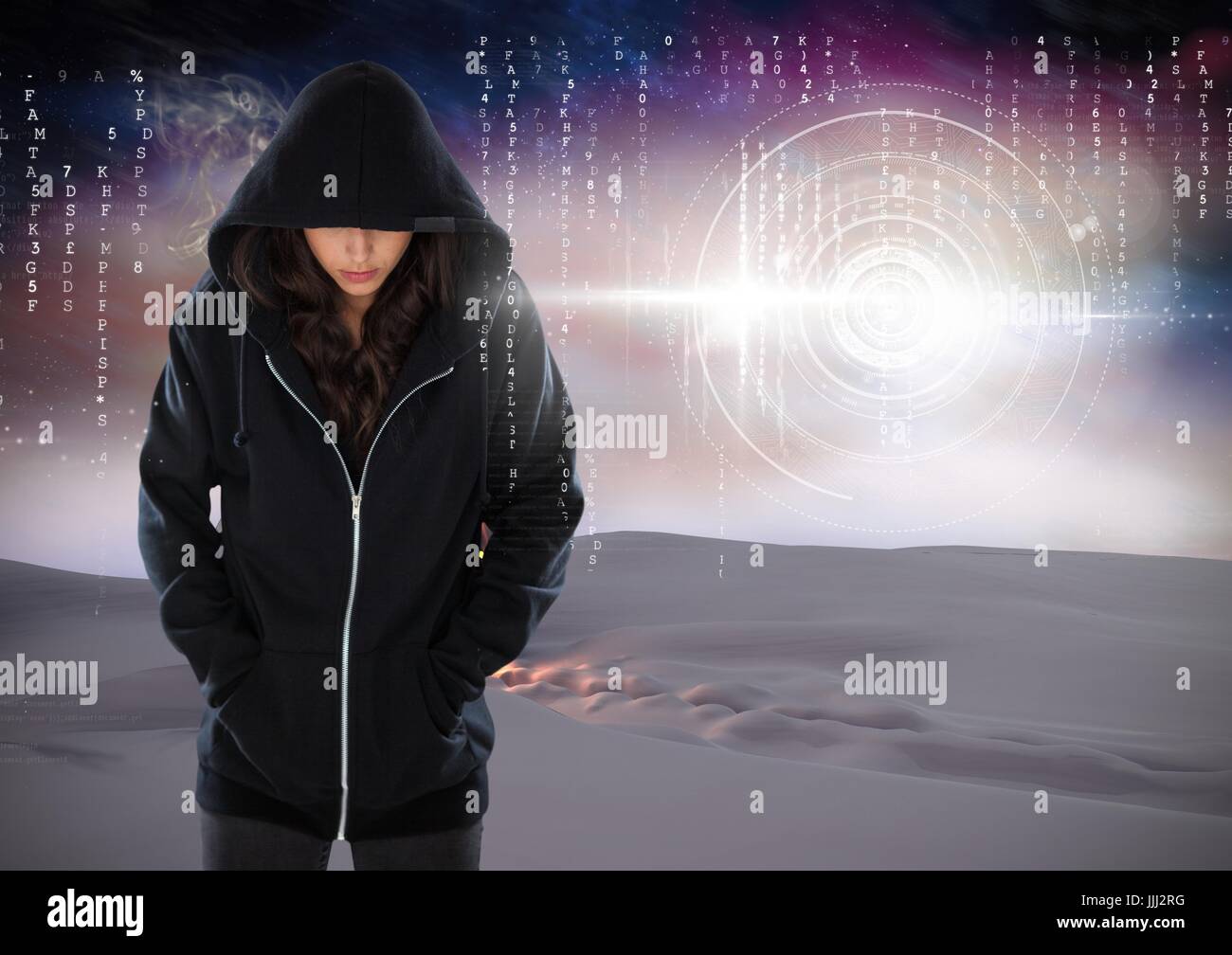 Woman hacker hooded standing on in front of digital background Stock ...