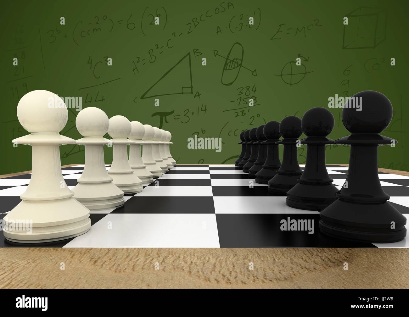3D Chess pieces against green background with math doodles Stock Photo ...