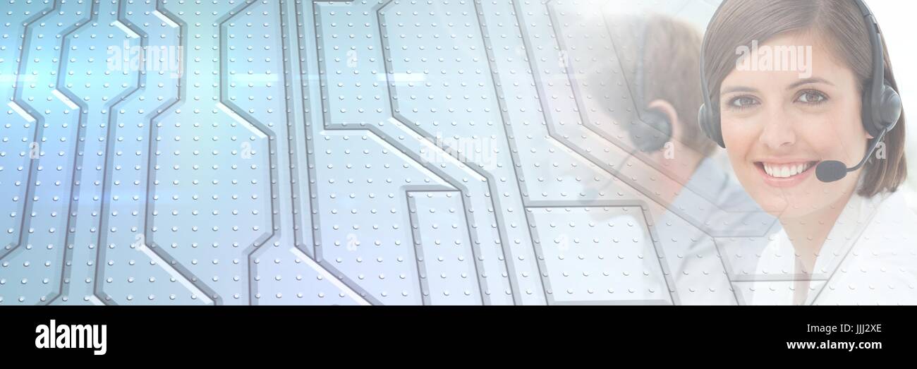 Customer service assistants with headsets with tech bright background ...