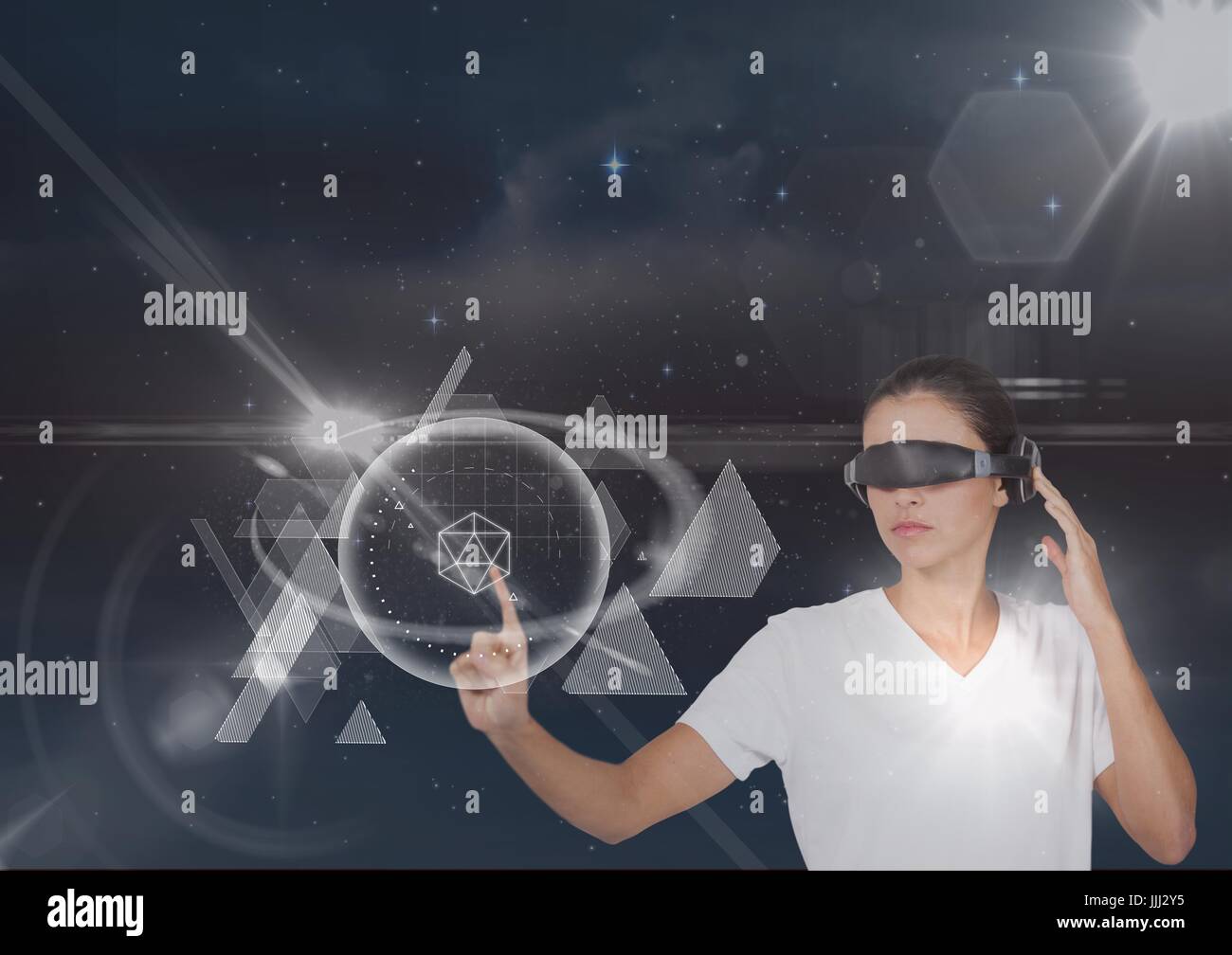Woman in VR headset touching interface against black sky with stars and ...