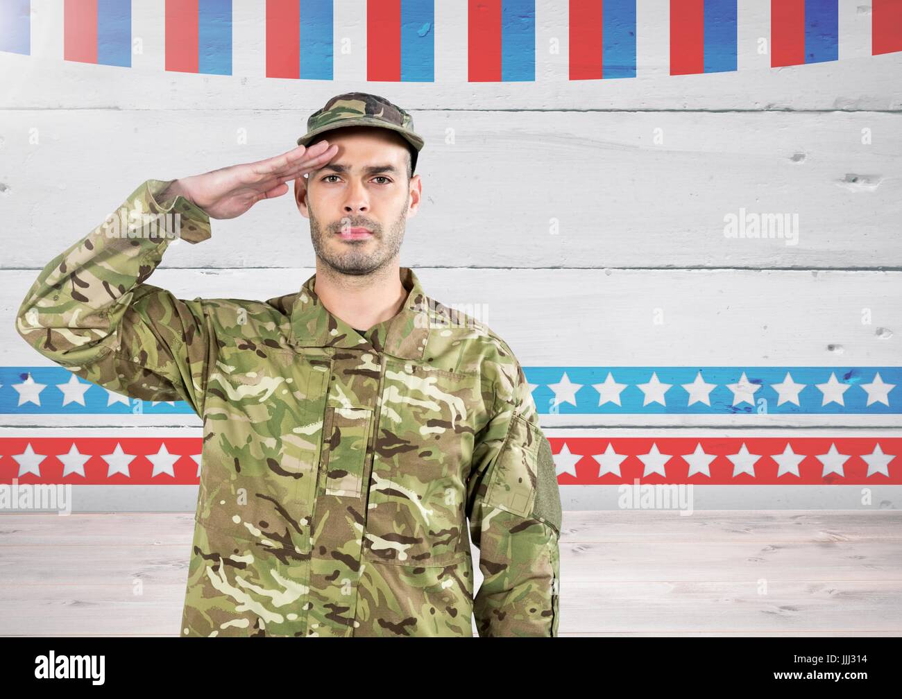 Soldier with hand on head in front of american background Stock Photo ...
