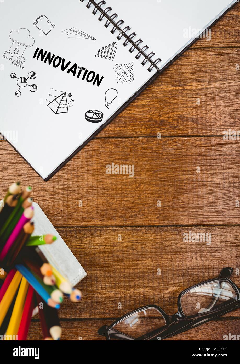 Innovation doodle on notepad next to pencils and glasses Stock Photo ...