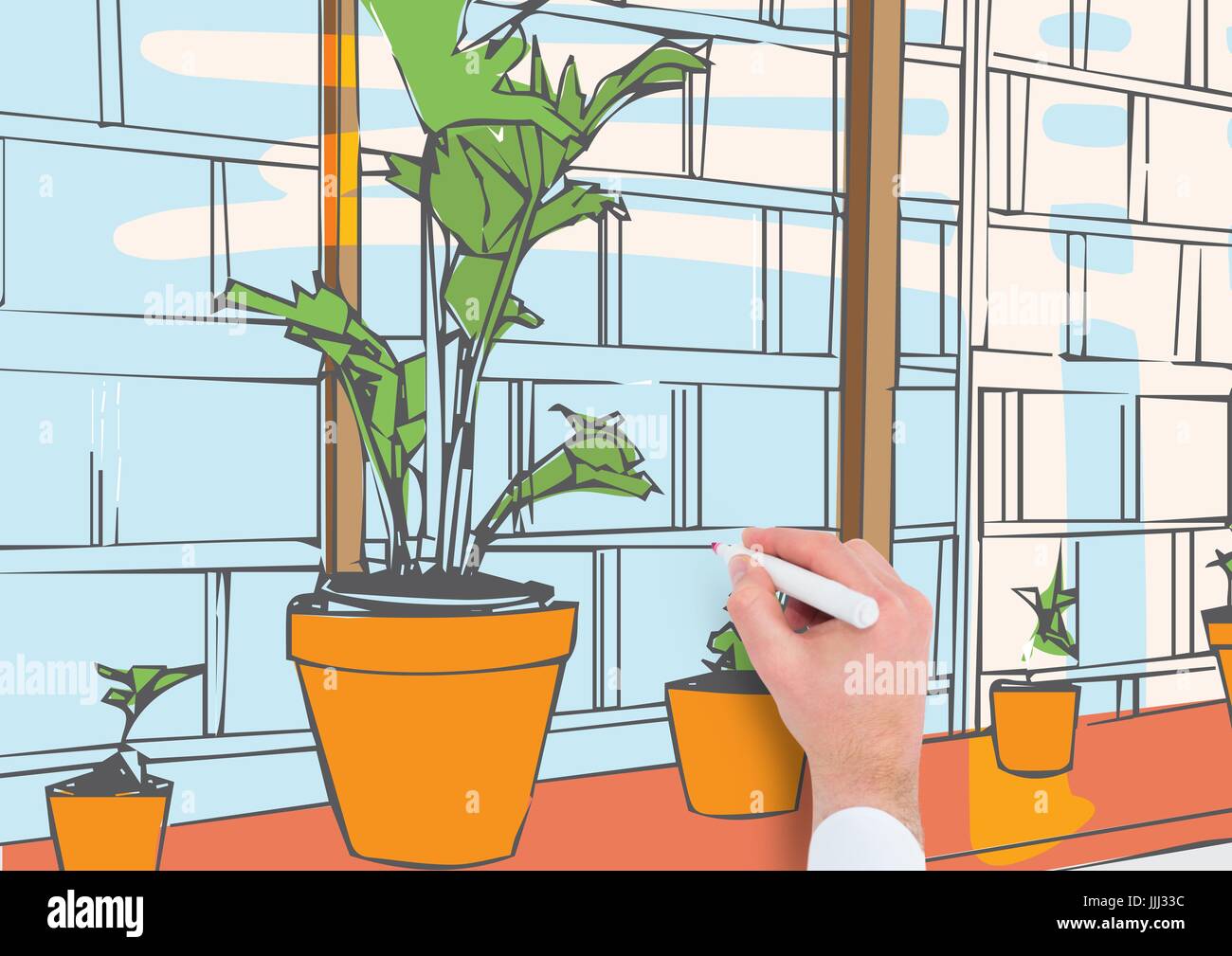 3D hand drawing office lines. White colors Stock Photo - Alamy