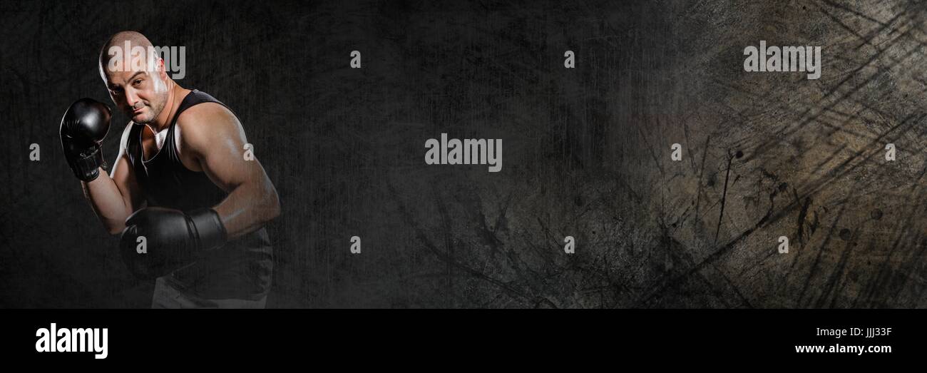 Boxer fighter man with dark grunge copy space transition Stock Photo ...