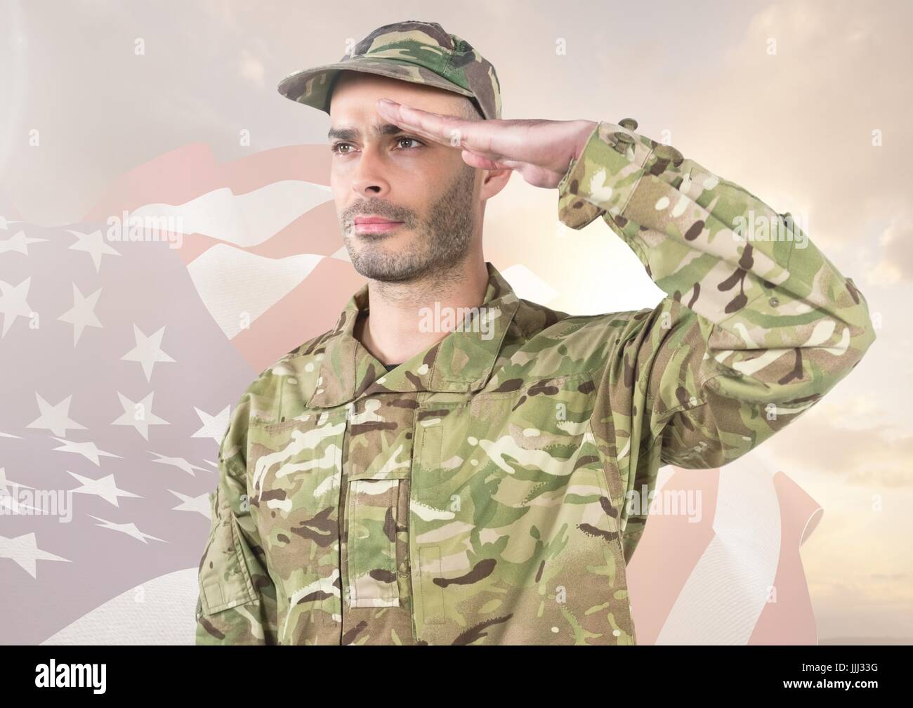 Military saluting against american flag Stock Photo - Alamy
