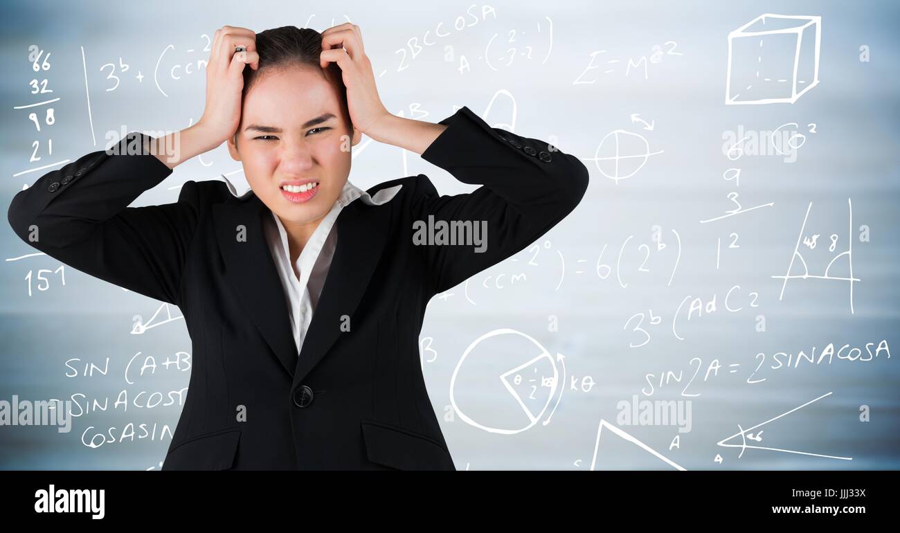 Frustrated business woman against blurry blue wood panel and math ...