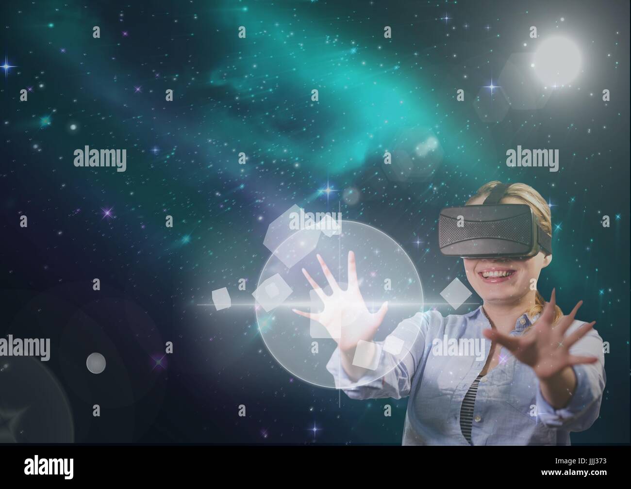 Woman in VR headset touching interface against green and purple space ...