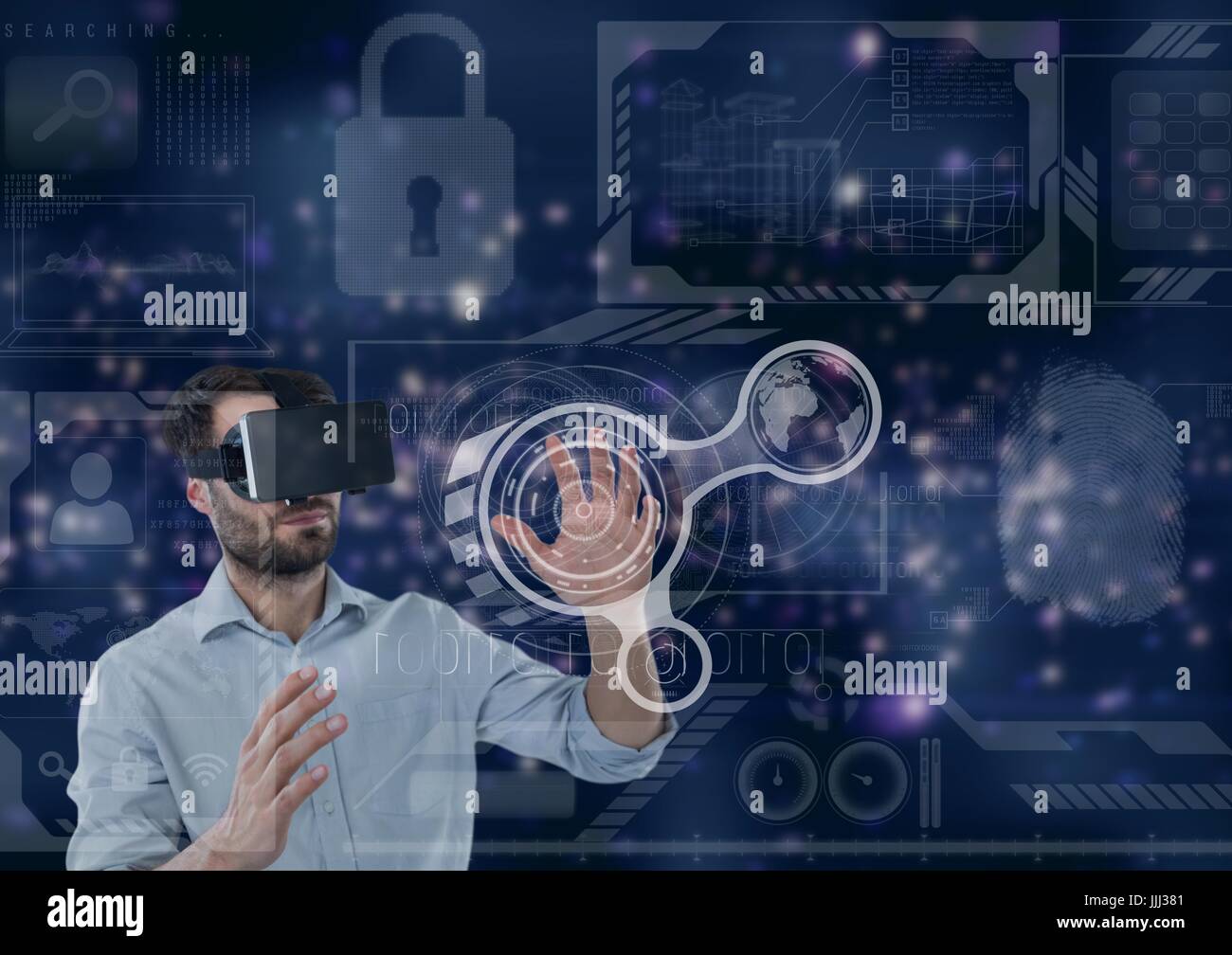 Man in VR headset touching interface against purple interface ...