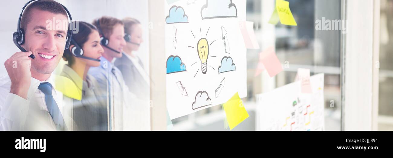 Customer service assistants with headsets with bright office background ...