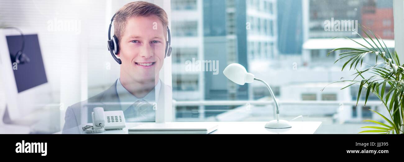 Customer service assistant with headsets with bright office background ...
