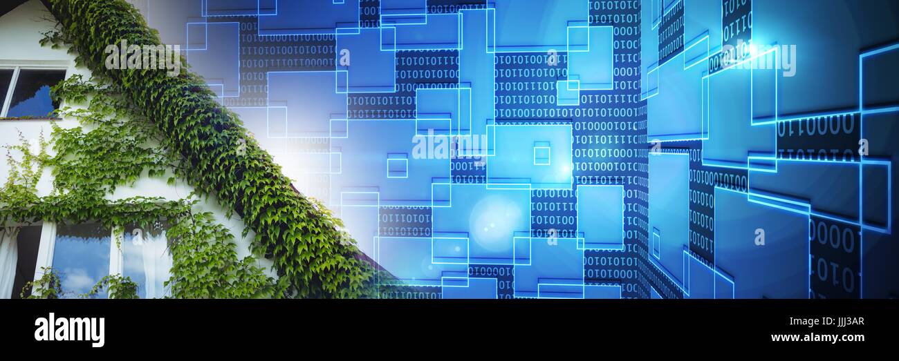 Exterior of house with ivy and blue smart tech transition 3d Stock ...