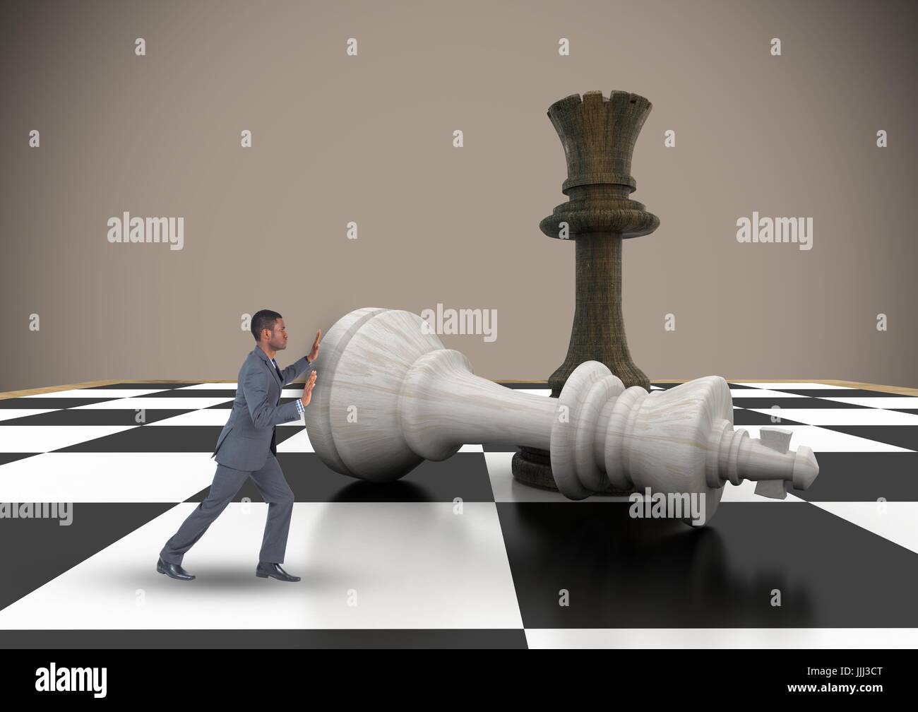 Business man pushing 3D chess piece against brown background Stock ...
