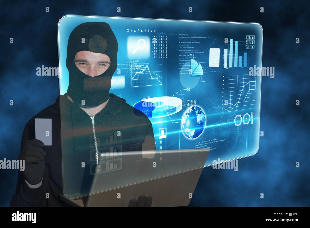 Hacker standing in front of 3D blue interface Stock Photo - Alamy