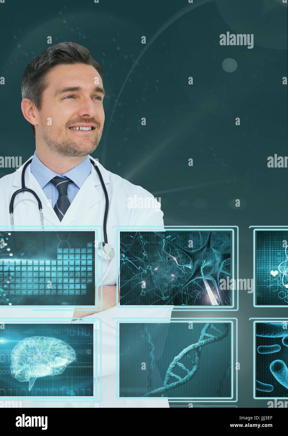 Man doctor smiling with 3d medical interfaces Stock Photo - Alamy