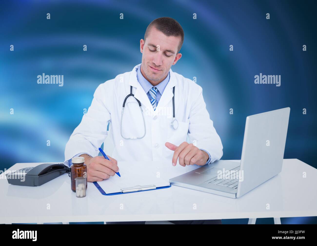 Doctor writing at desk against blue abstract background Stock Photo - Alamy
