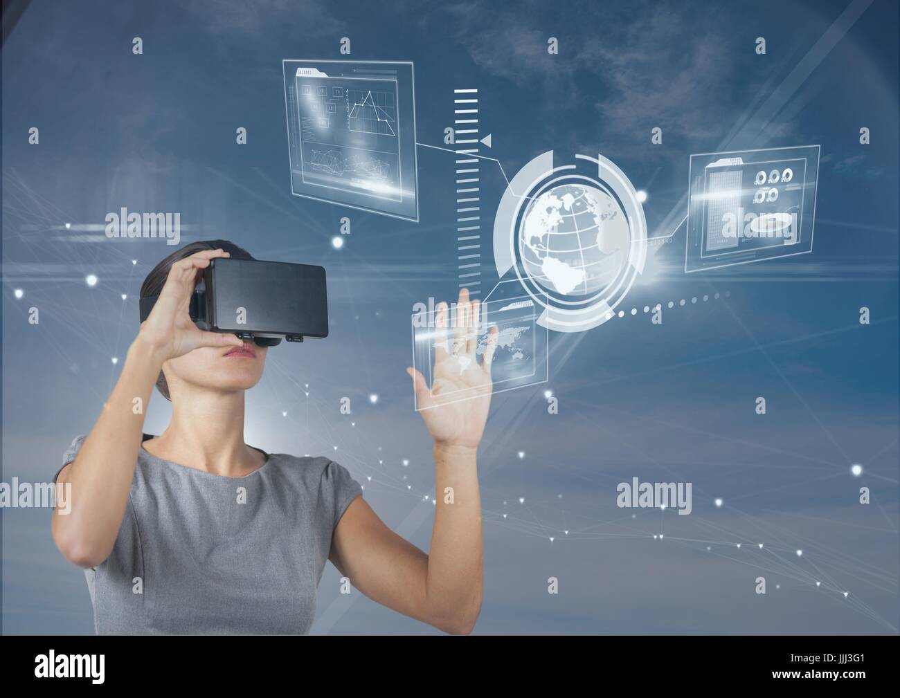 Woman in VR headset touching interface against blue sky with stars ...