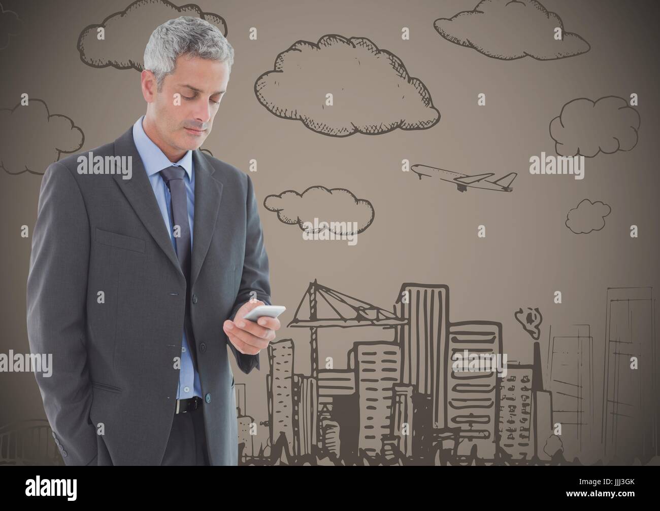 Business man texting against brown background with 3D city doodle Stock ...