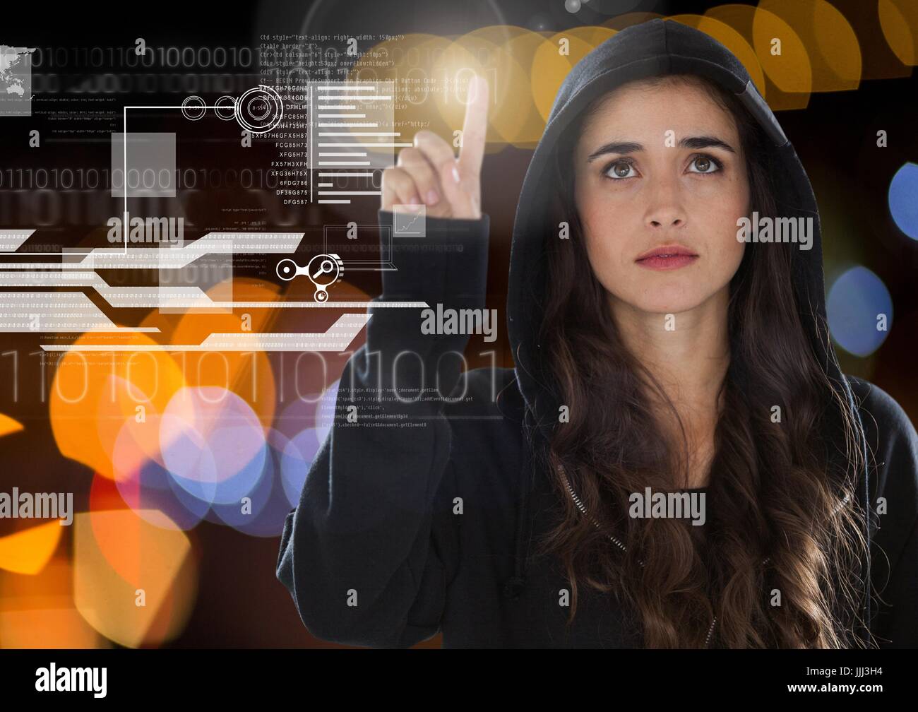 Woman hacker touching a screen with his finger Stock Photo - Alamy