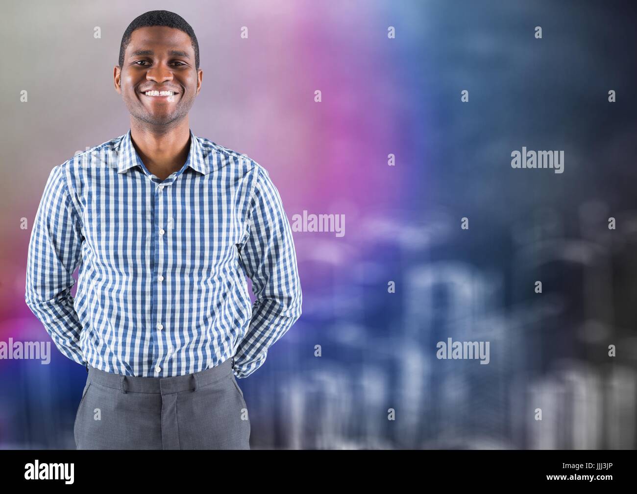 Business man smiling against blurry purple wall with city doodle Stock ...