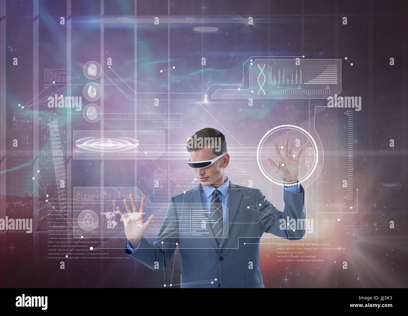 Man in VR headset touching interface against galaxy and city background ...