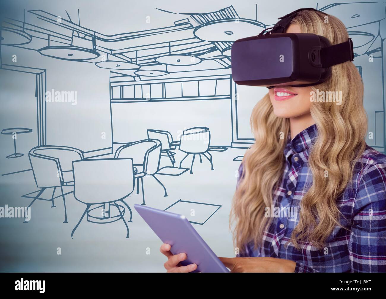 Woman in virtual reality headset with tablet against 3D blue hand drawn ...