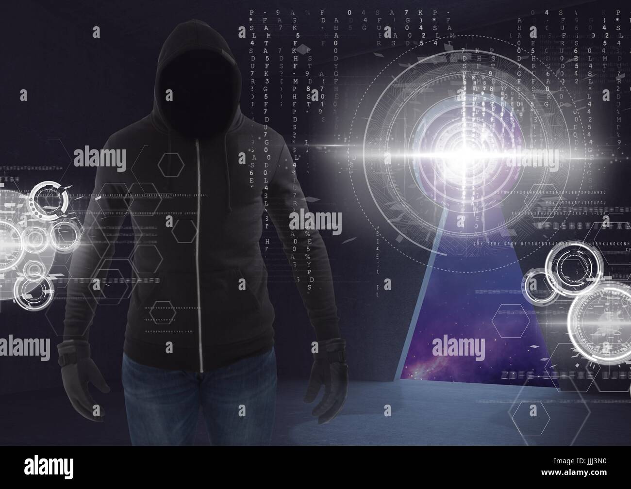 Shadow of hacker standing on in front of 3d digital background Stock ...