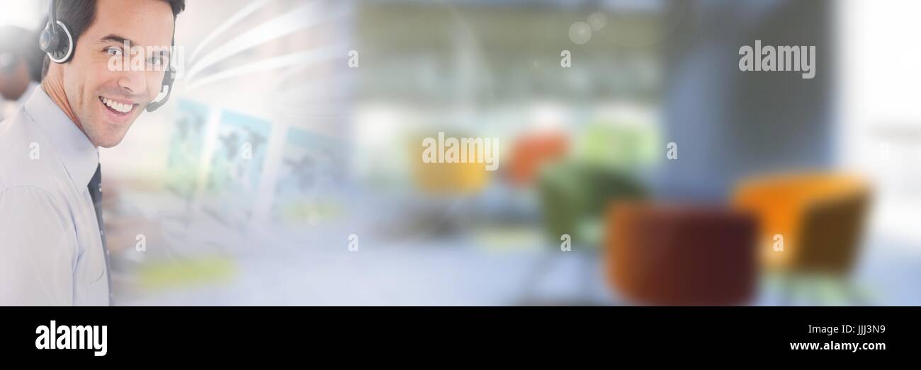 Customer service assistants with headsets with bright office background ...