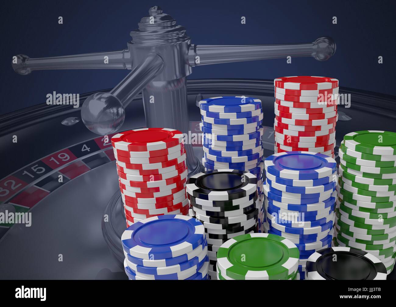 3D poker chips next to roulette Stock Photo - Alamy