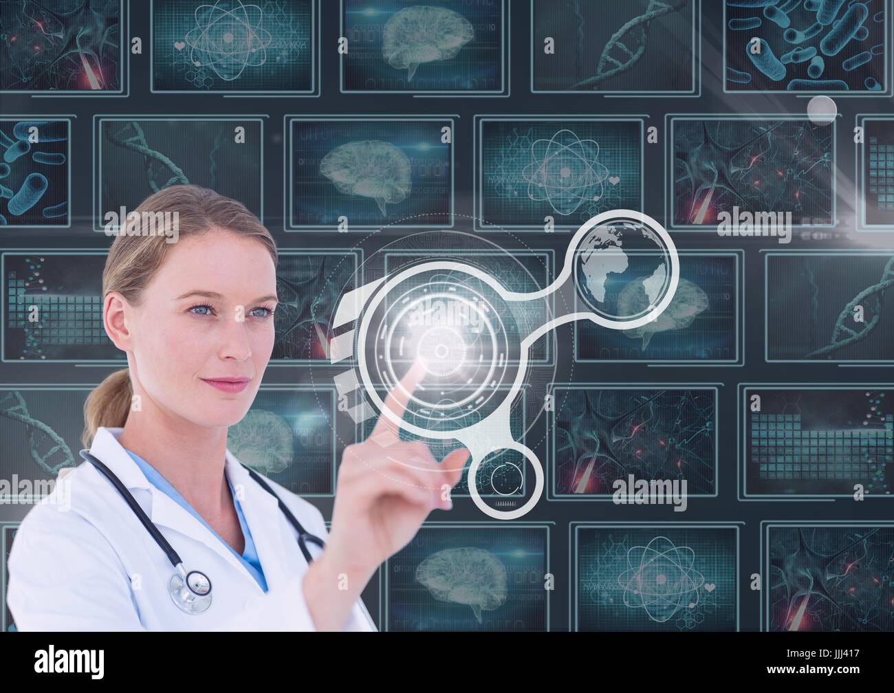 Woman doctor interacting with interfaces against background with 3D ...