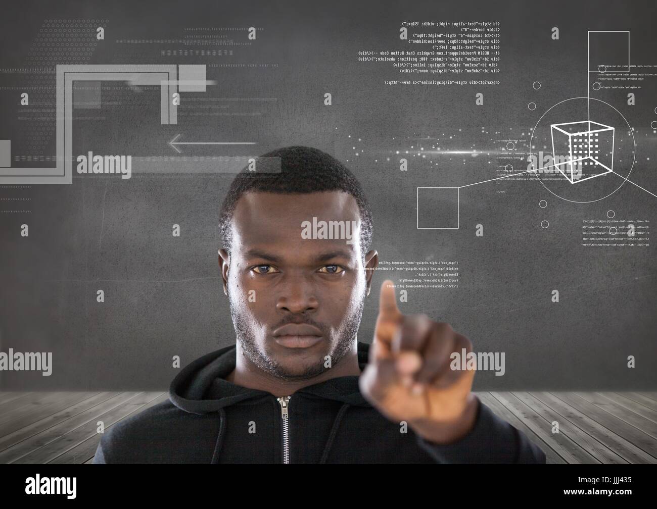 Hacker touching the screen with his finger Stock Photo - Alamy