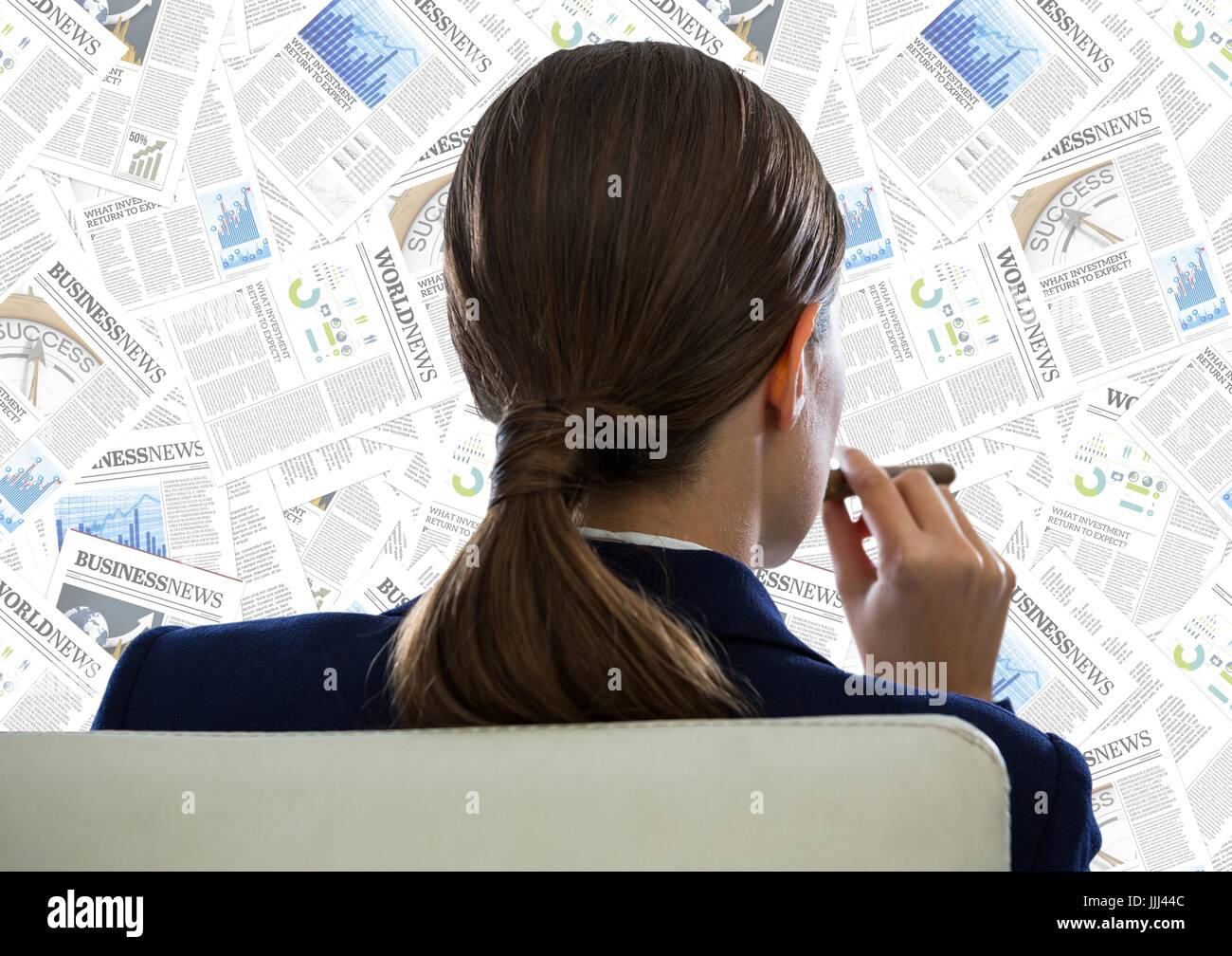 Back of business woman in chair looking at document backdrop Stock ...