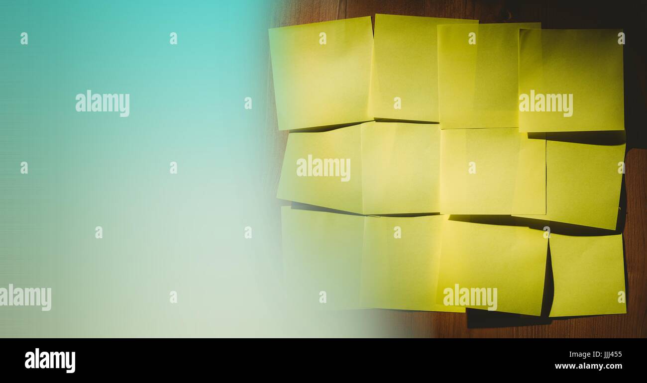Yellow sticky notes on wood panel and green transition Stock Photo - Alamy