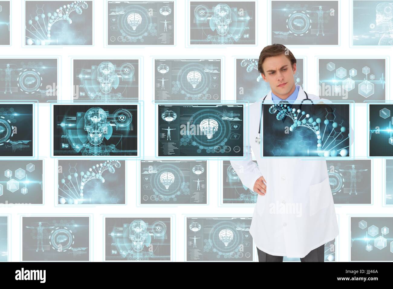 Man doctor interacting with 3d medical interfaces against white ...