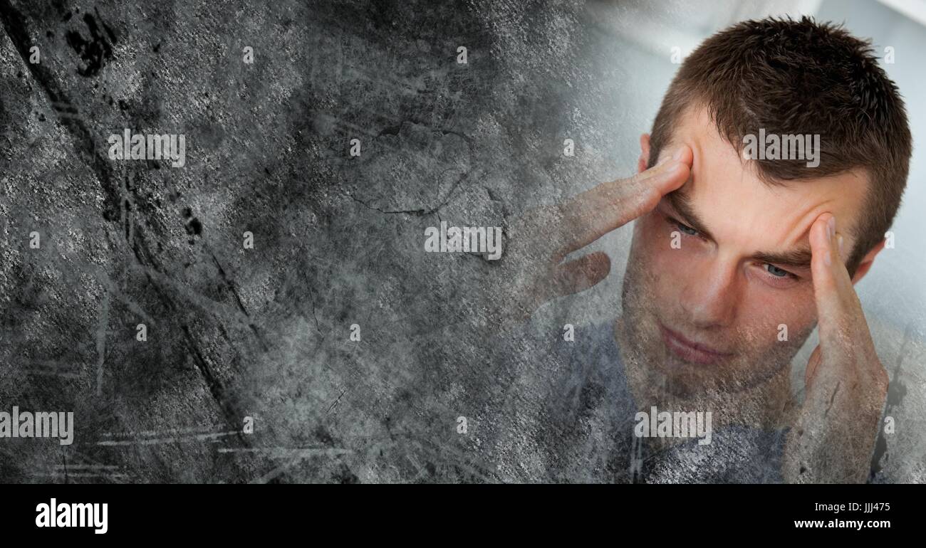 Close up of frustrated man and grey grunge and copy space transition ...