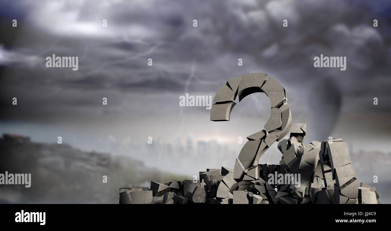 3D Broken concrete stone with Question symbol in cityscape Stock Photo ...